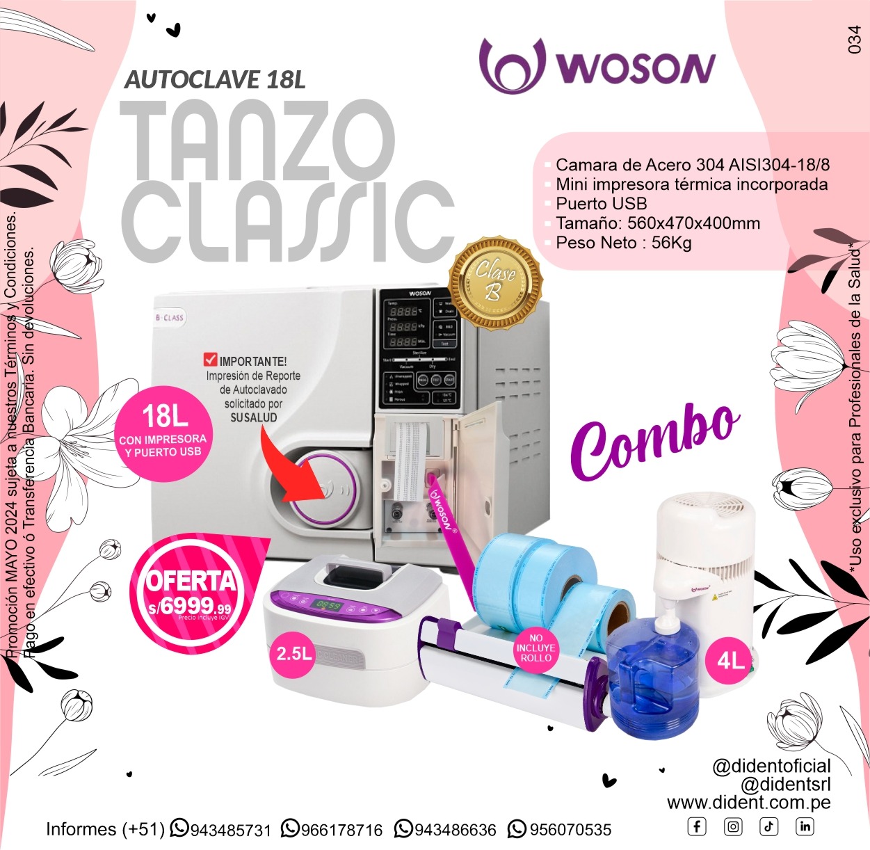 COMBO: Autoclave Tanzo Classic Clase-B 18L + Lavadora + Destilador de ...
